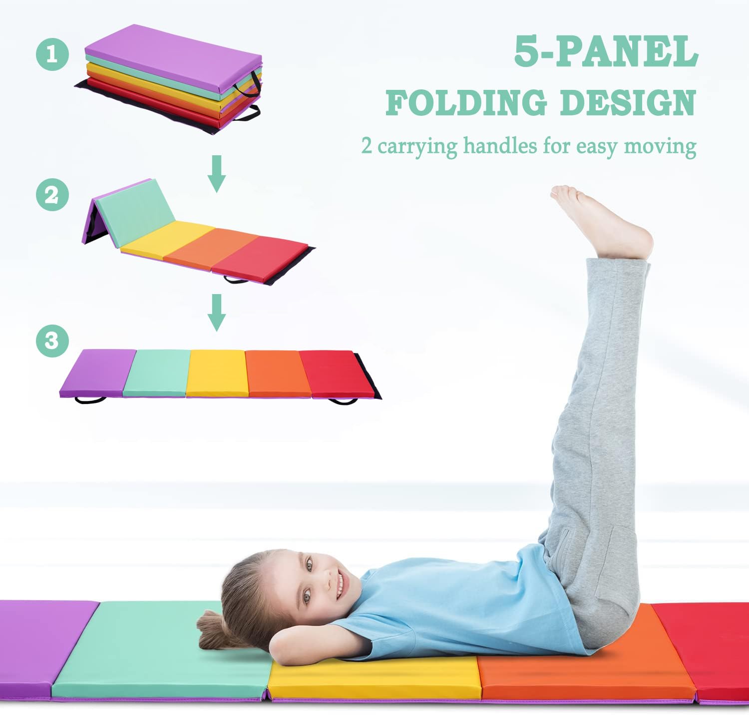 Oneofics Gymnastics Mat, 5-Panel Folding Kids' Tumbling Exercise Mat with Carrying Handles for Home Gym Workout & Active Play