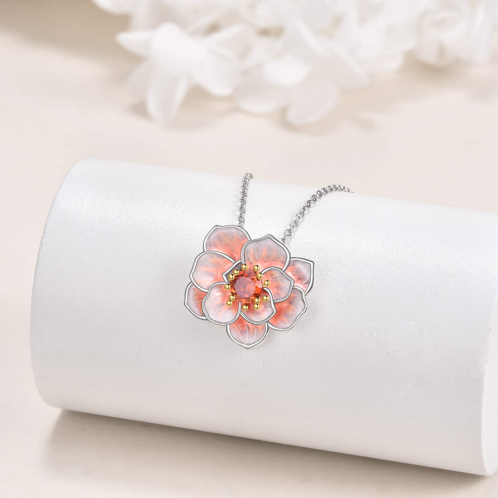 YFN Pink Peony Flower Pendant Necklace Sterling Silver Enamel Flower Jewelry Gifts for Women Mother Gifts