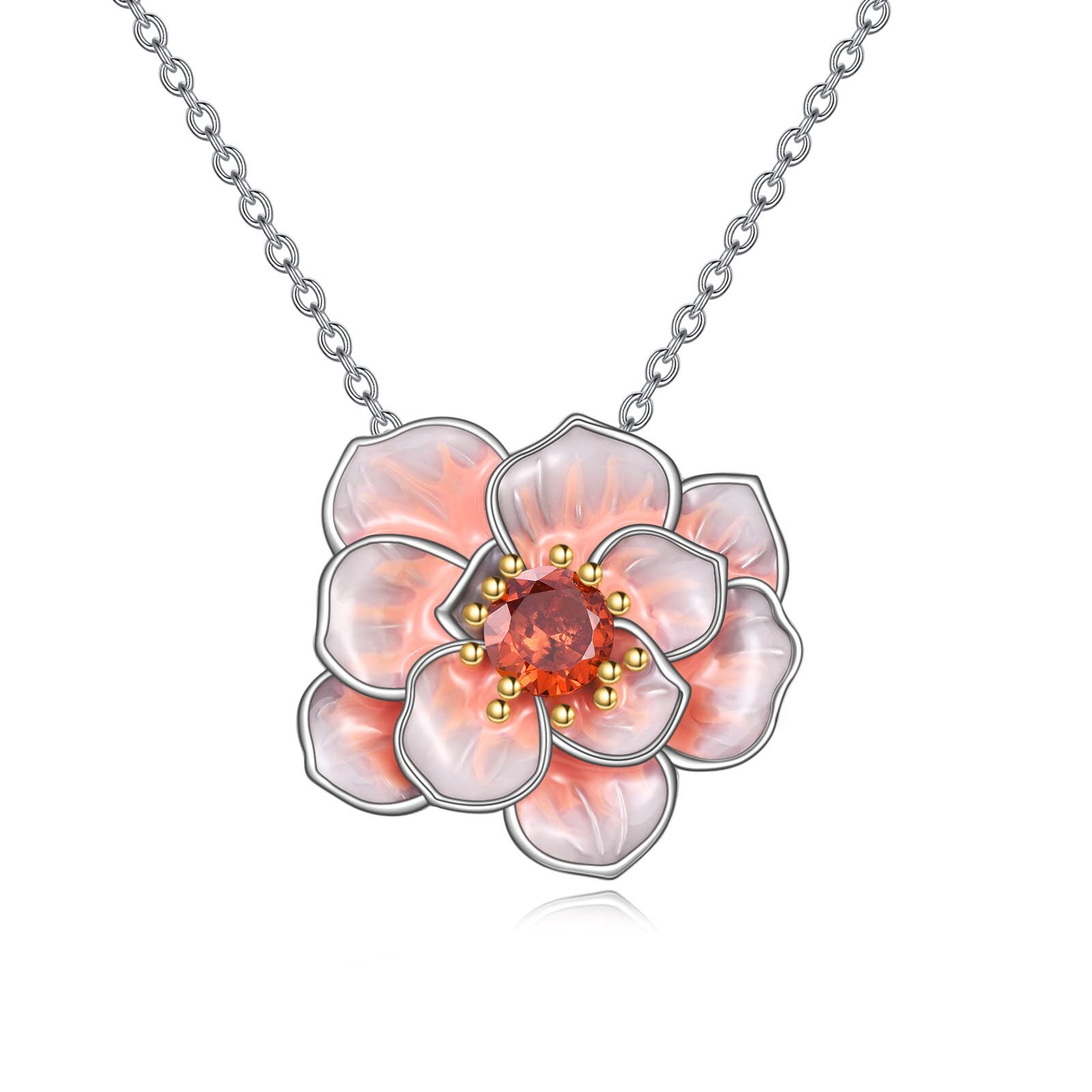 YFN Pink Peony Flower Pendant Necklace Sterling Silver Enamel Flower Jewelry Gifts for Women Mother Gifts