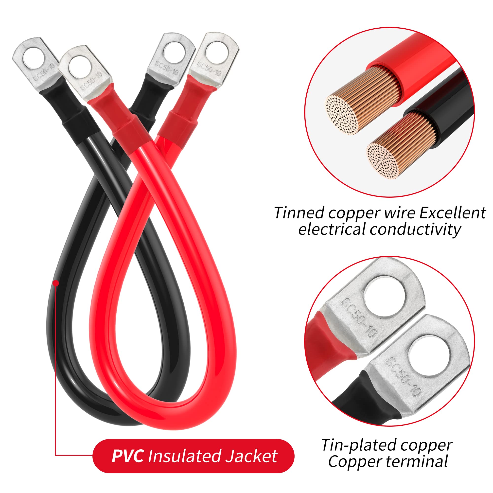 1/0 AWG Gauge Battery Cable 0 Gauge Power Inverter Cables with 3/8 Inch lugs for Solar Marine RV Car Truck Tractor Motorcycle (1FT, 1 red+1 black cable)