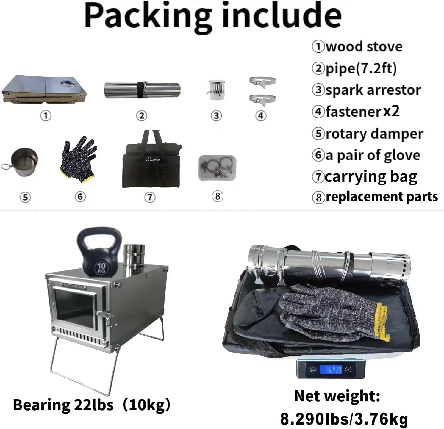 DANCHEL OUTDOOR sectorwing IS7 Portable Wood Stove for Tent Camping, Folding Tent Stove with 7.2ft Chimney Wood Burning 304 Stainless Steel, 2.76''Dia.