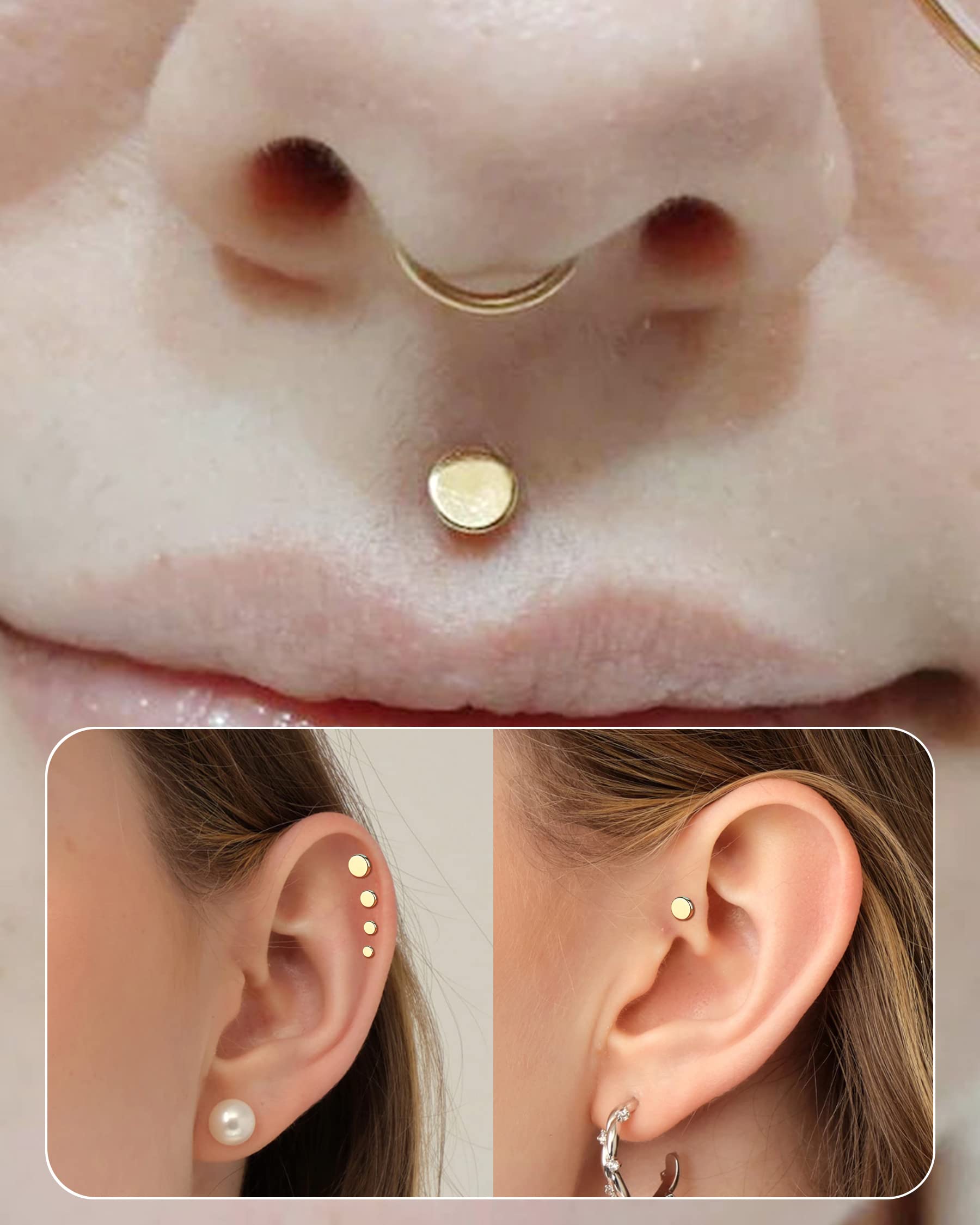 Melighting 14K Gold Threadless Earrings 16G Gold Flat Back Earrings Tiny Flat Disc Threadless Push in Labret Stud Gold Tragus Piercing Jewelry for Women Conch Helix Stud