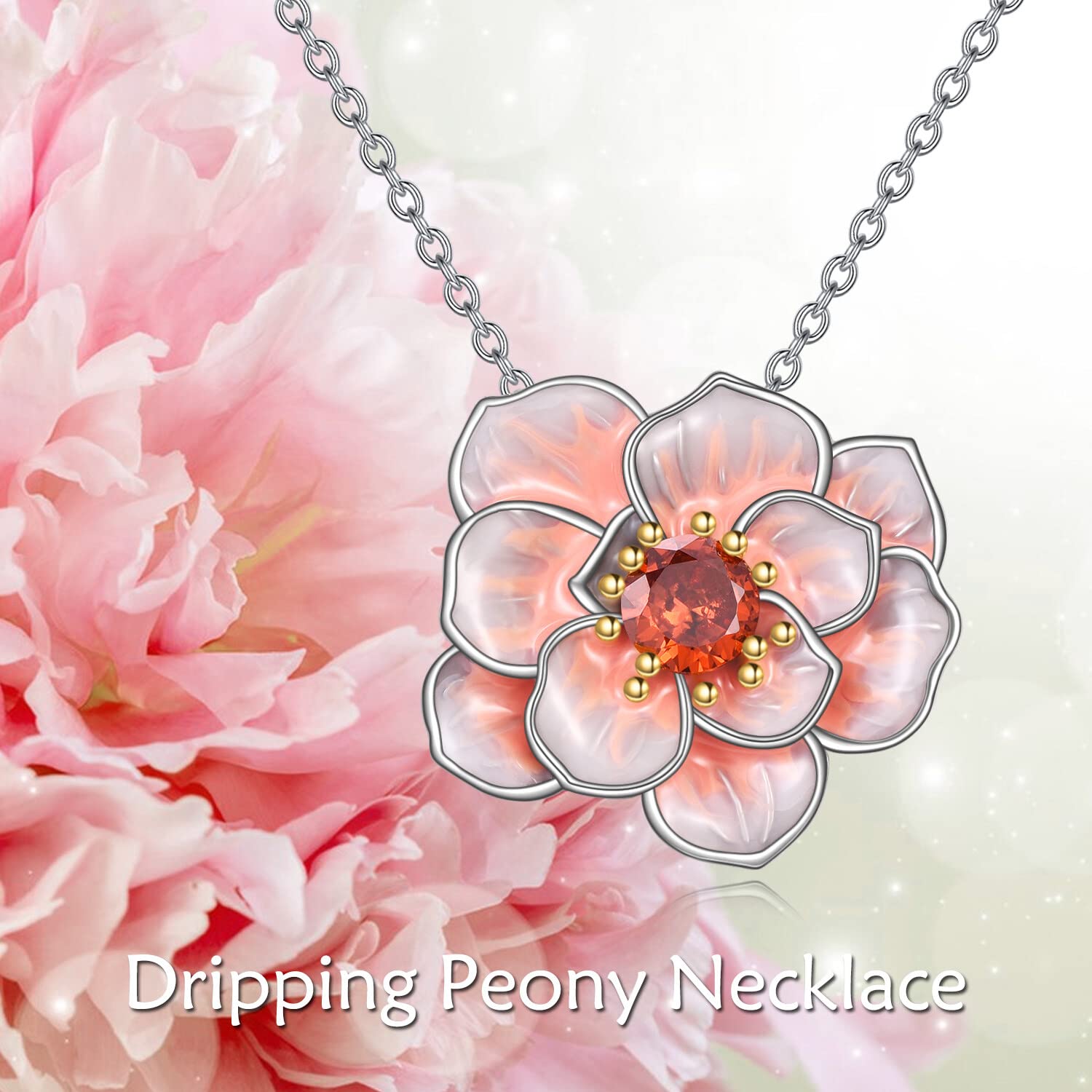 YFN Pink Peony Flower Pendant Necklace Sterling Silver Enamel Flower Jewelry Gifts for Women Mother Gifts