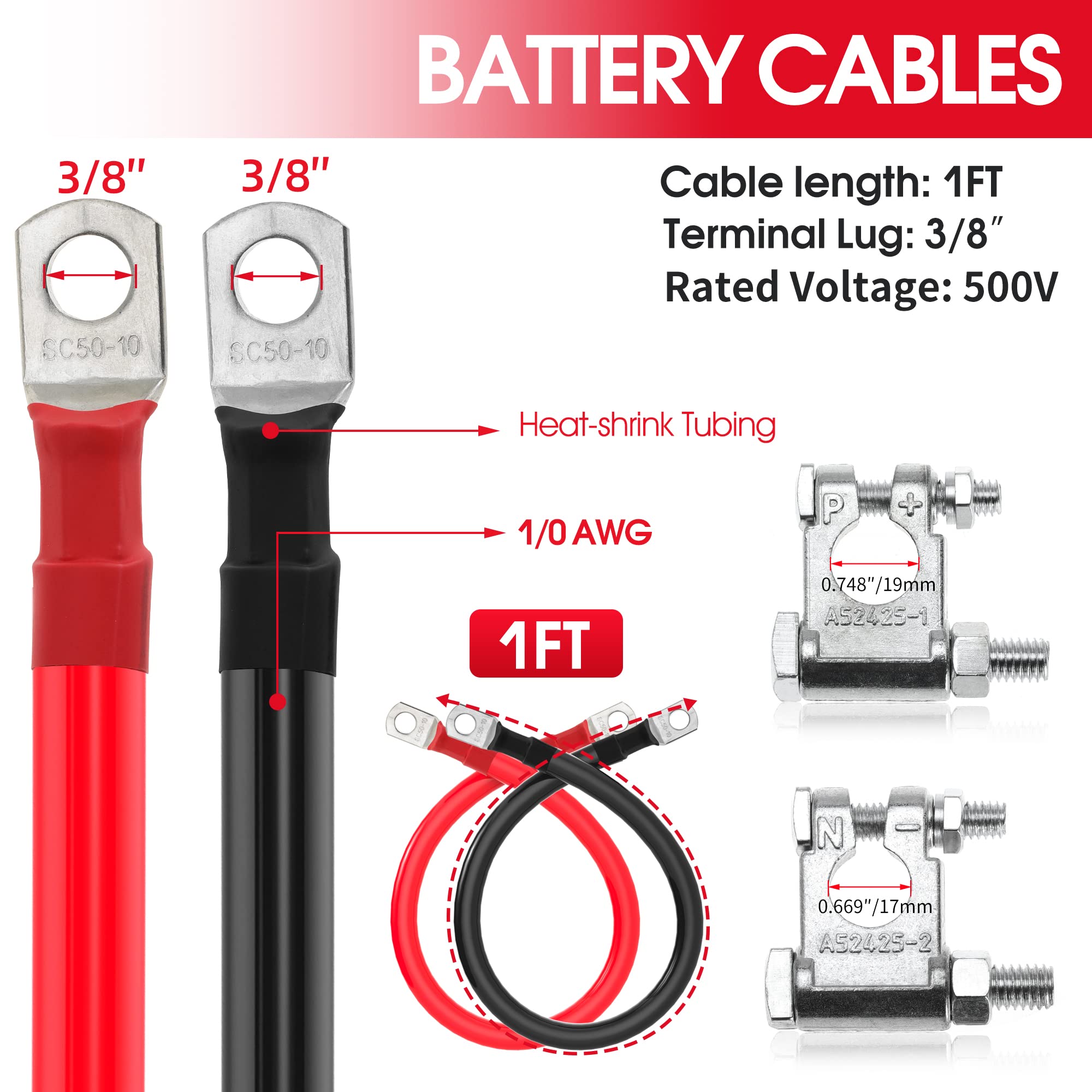 1/0 AWG Gauge Battery Cable 0 Gauge Power Inverter Cables with 3/8 Inch lugs for Solar Marine RV Car Truck Tractor Motorcycle (1FT, 1 red+1 black cable)