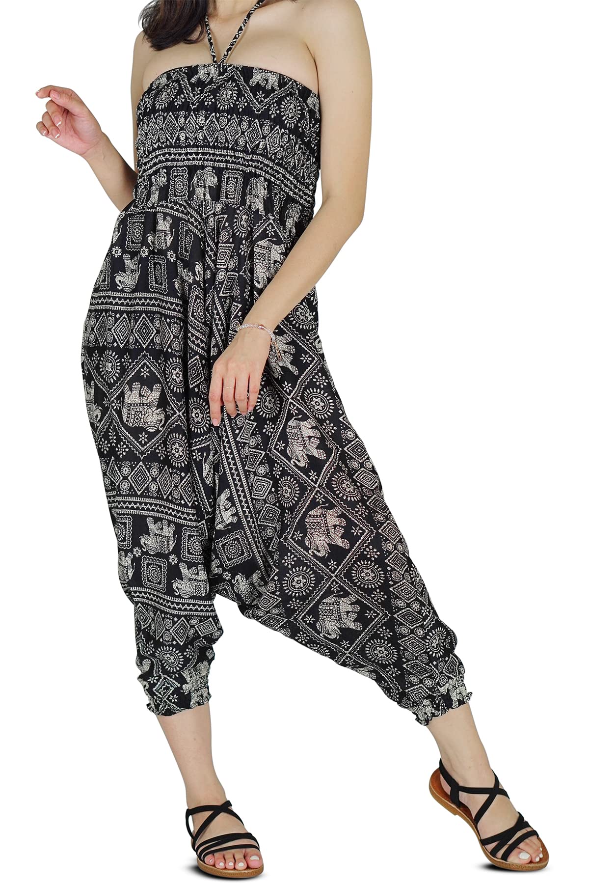 Your Cozy Harem Pants for Women Hippie Boho Clothes Mc Hammer Pants Jumpsuit Casual Loose Beach Sweatpants Comfortable Baggy Boho Yoga Trousers (Black Elephant_S)