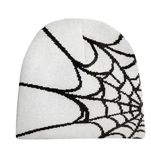 Dicusph Y2K Gothic Spider Pattern Wool Acrylic Knitted Hat Women Beanie Winter Warm Beanies Men Casual Skullies Outdoor (White)