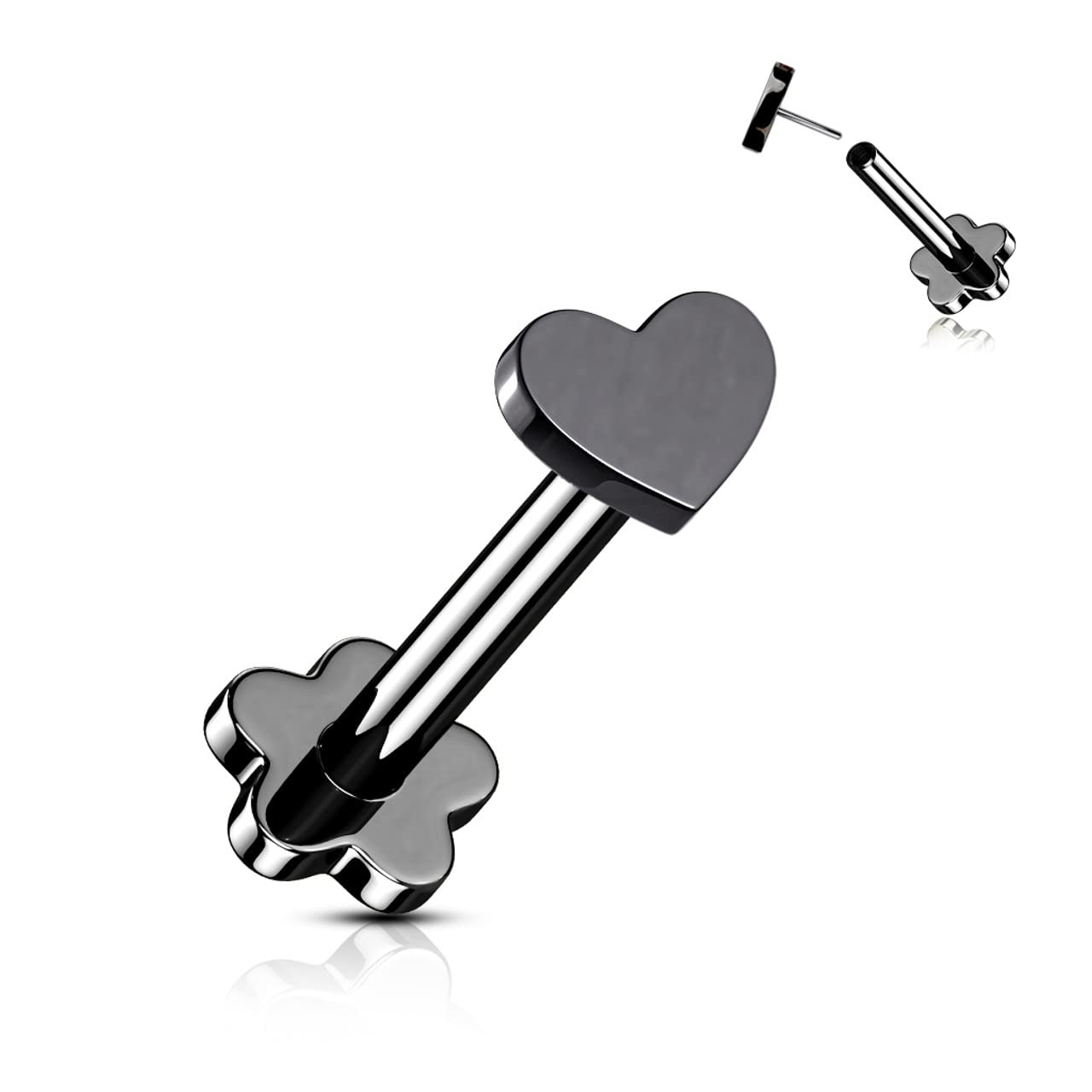 Satix 16G Black Heart Shaped Titanium Labret Flat Back Labret Monroe Lip Ring Tragus Helix Cartilage Earring Stud Barbell 8mm - 5/16" Bar Body Piercing Jewelry