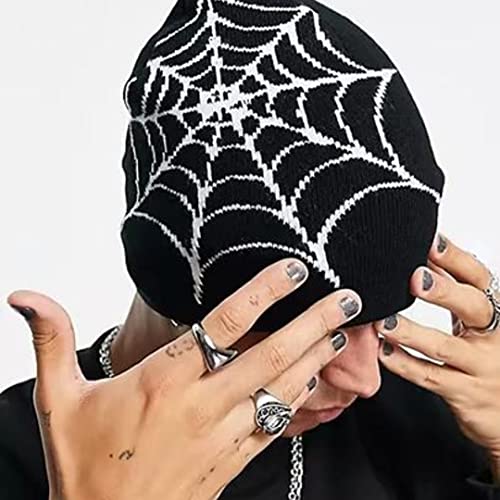 Dicusph Y2K Gothic Spider Pattern Wool Acrylic Knitted Hat Women Beanie Winter Warm Beanies Men Casual Skullies Outdoor (White)