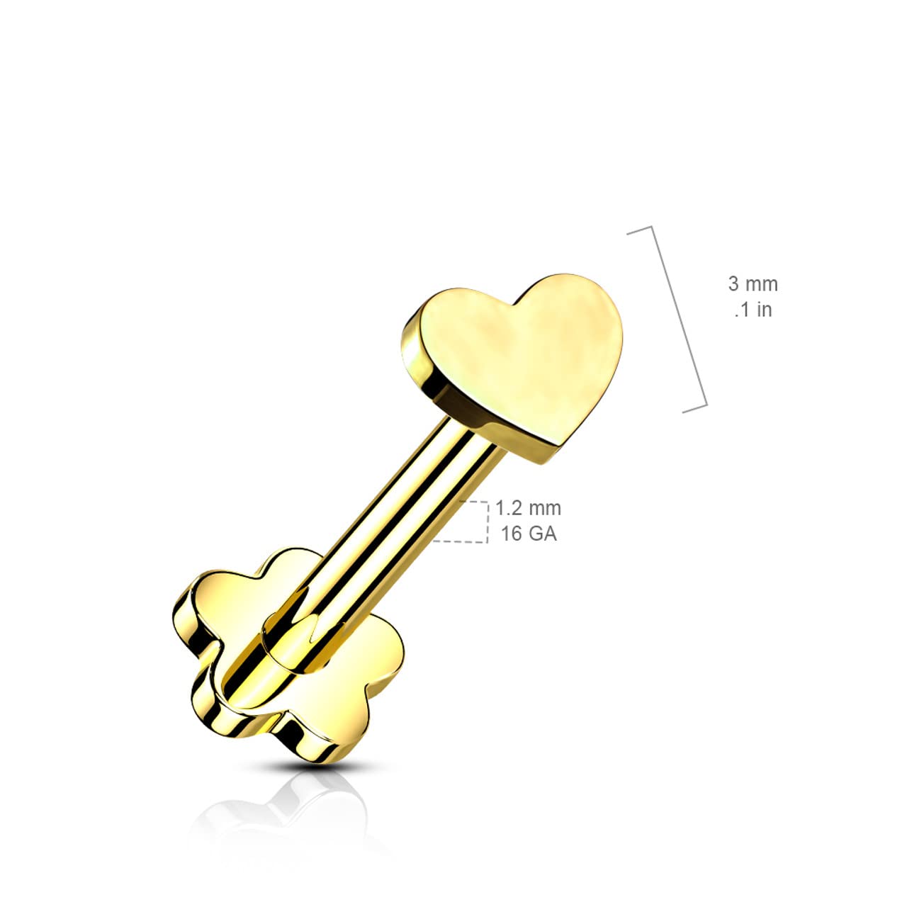 Satix 16G Black Heart Shaped Titanium Labret Flat Back Labret Monroe Lip Ring Tragus Helix Cartilage Earring Stud Barbell 8mm - 5/16" Bar Body Piercing Jewelry