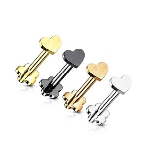 Satix 16G Black Heart Shaped Titanium Labret Flat Back Labret Monroe Lip Ring Tragus Helix Cartilage Earring Stud Barbell 8mm - 5/16" Bar Body Piercing Jewelry