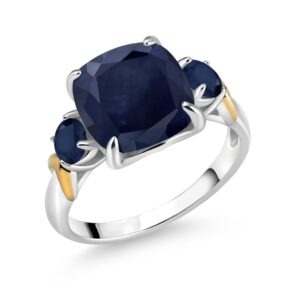 gem stone king 925 silver and 10k yellow gold blue sapphire 3 stone ring for women (5.30 cttw, gemstone september birthstone, cushion 10mm, round 4mm, available in size 5, 6, 7, 8, 9)