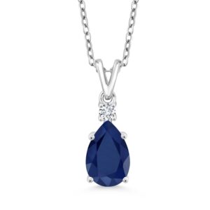 gem stone king 925 sterling silver blue sapphire and white lab grown diamond pendant necklace for women (2.23 cttw, pear shape 10x7mm, with 18 inch chain)