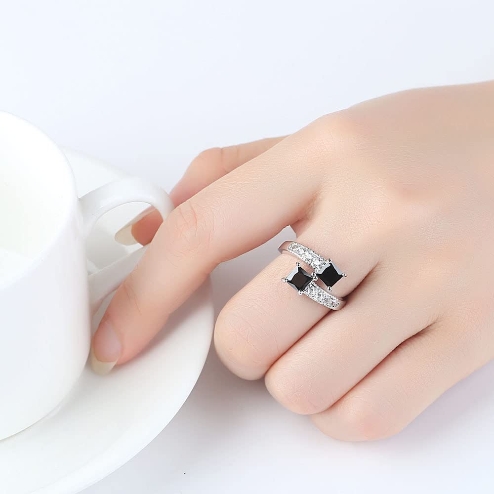 SUKKCCNO S925 Silver Women's Black Double-Head Zircon Ring AAA Cubic Zirconia Fashion Ring Simple Vintage Ring (Size 8)