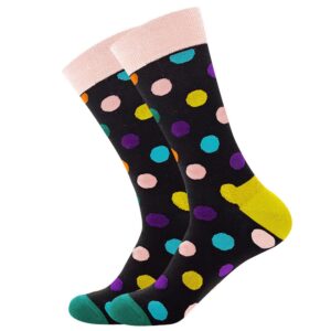 santimon mens dress funny novelty breathable colorful dots socks cotton casual cushioned crew socks black-yellow 1 pack