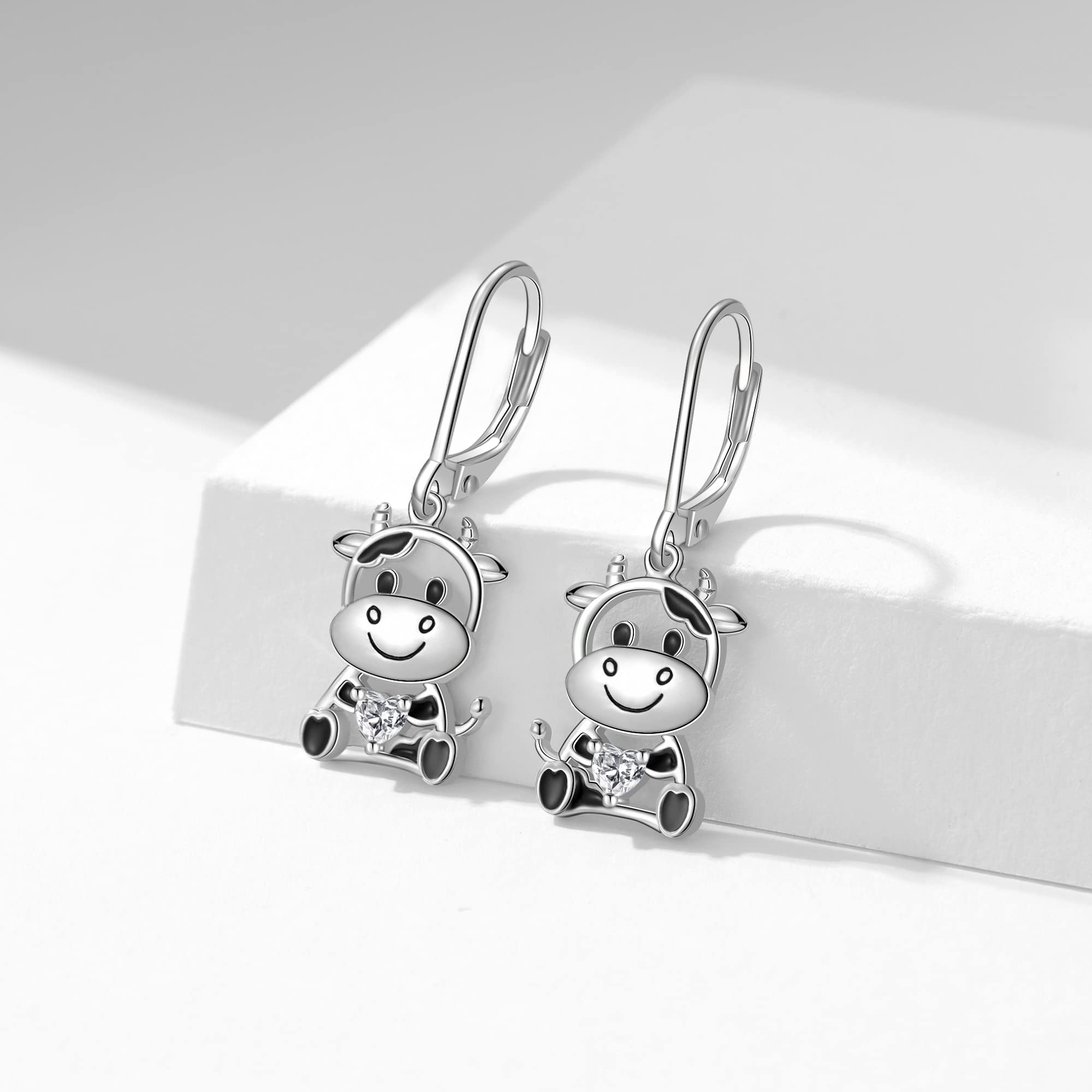 Fryneauy Cow Dangle Earrings for Women 925 Sterling Silver Cow Drop Earring Leverback Cow Jewelry Gifts for Women