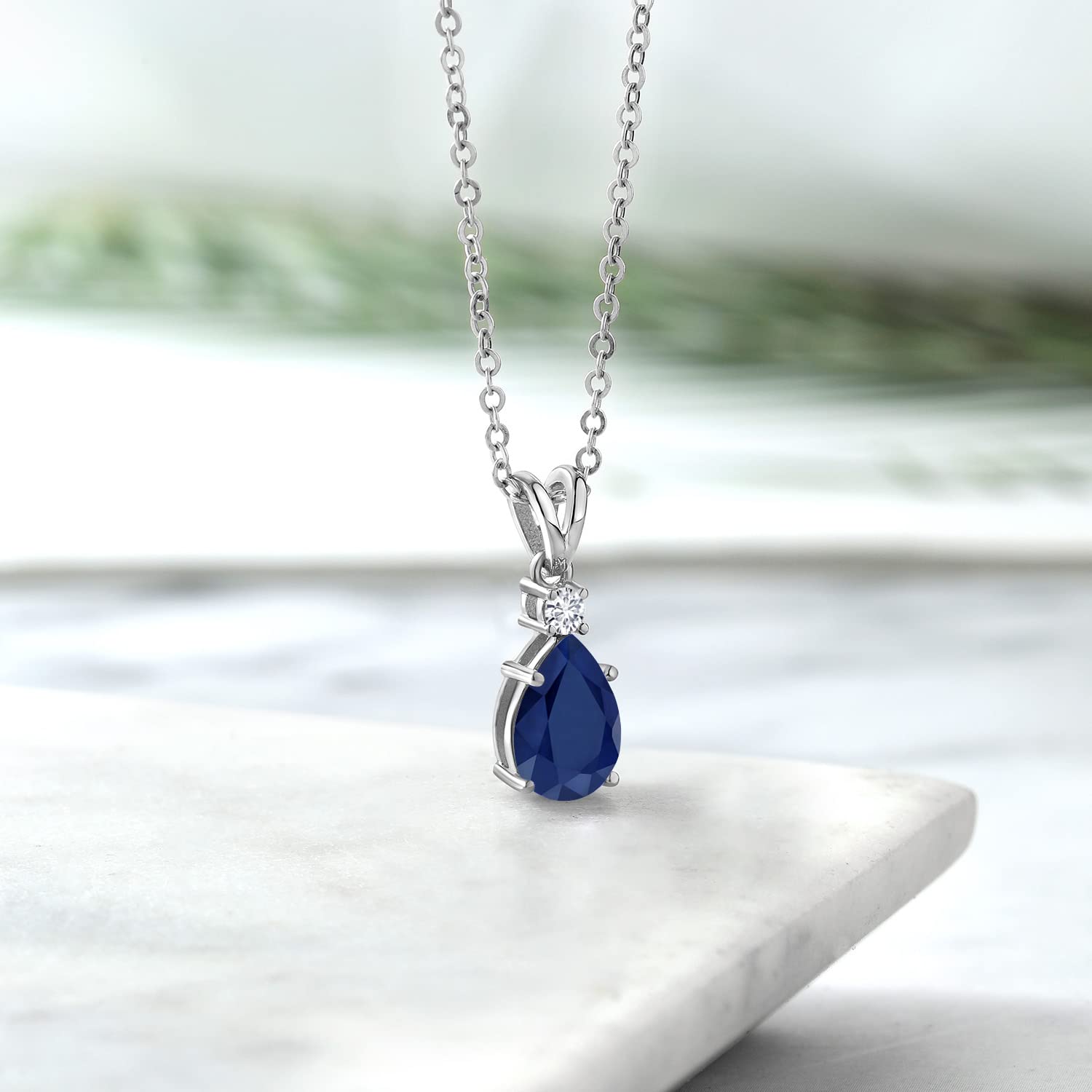 Gem Stone King 925 Sterling Silver Blue Sapphire and White Lab Grown Diamond Pendant Necklace For Women (2.23 Cttw, Pear Shape 10X7MM, with 18 Inch Chain)