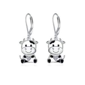 fryneauy cow dangle earrings for women 925 sterling silver cow drop earring leverback cow jewelry gifts for women