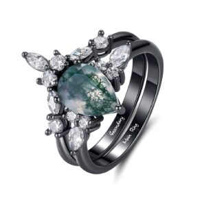 pear cut moss water grass stone stackable ring set with black gold plating and sparkling zircon