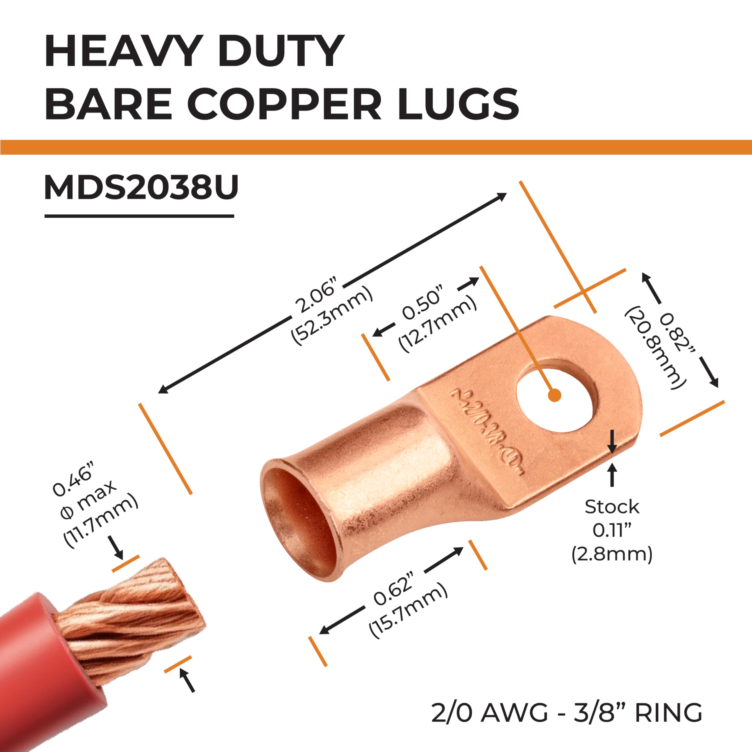 SELTERM 10pcs 2/0 AWG - 3/8" Stud - Battery Lugs, Heavy Duty Wire Lugs, Ring Terminals, Battery Cable Ends,00 Gauge Terminals, UL Bare Copper Eyelets Electrical Battery Terminal Connectors