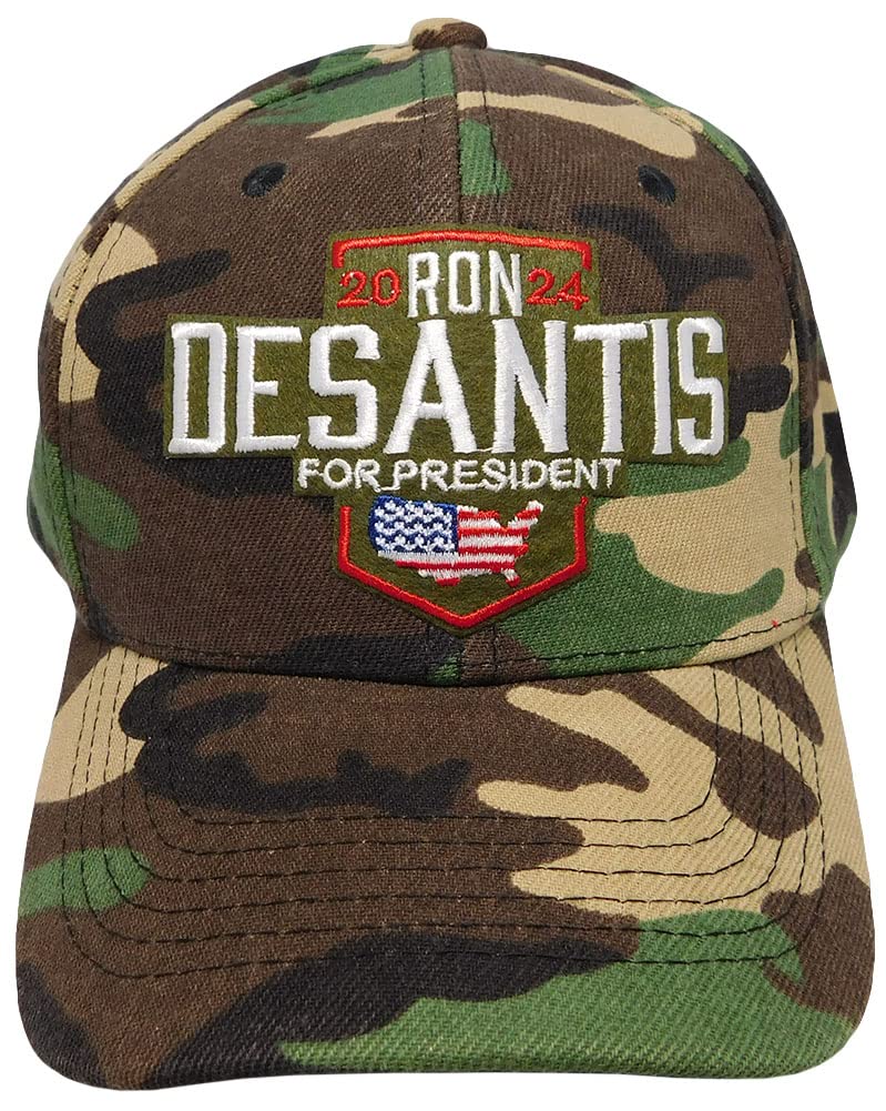 Trade Winds Ron Desantis for President 2024 USA Map Woodland Camouflage Camo Adjustable Embroidered Cotton Polyester Blend Hat Cap