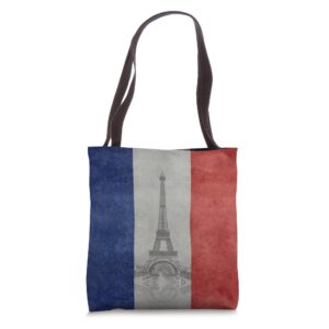 french flag vintage postcard style with eiffel tower tote bag