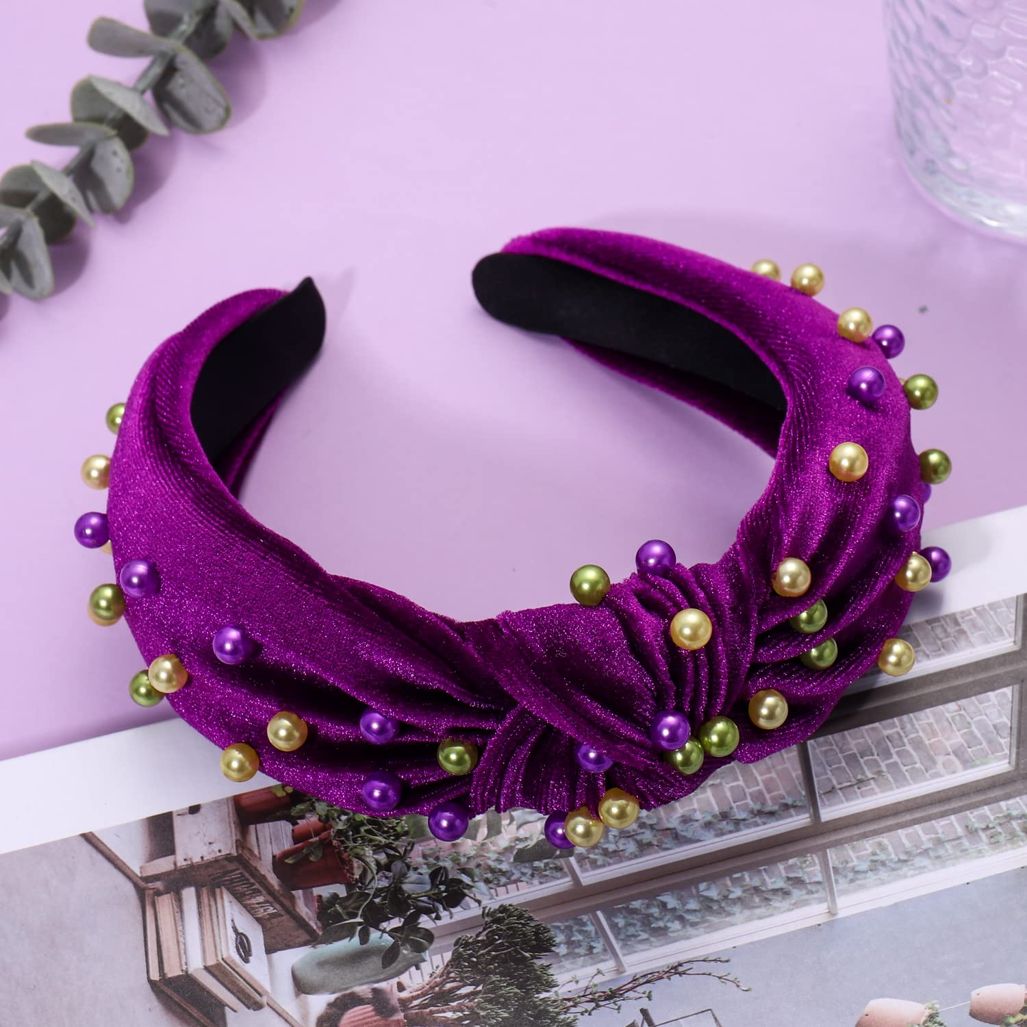 GLBCC Mardi Gras Headband Purple Crystal Jeweled Wide headband Festival Holiday Padded Hairband Carnival Party Hair Accessory (Mardi Gras purple Headband A)