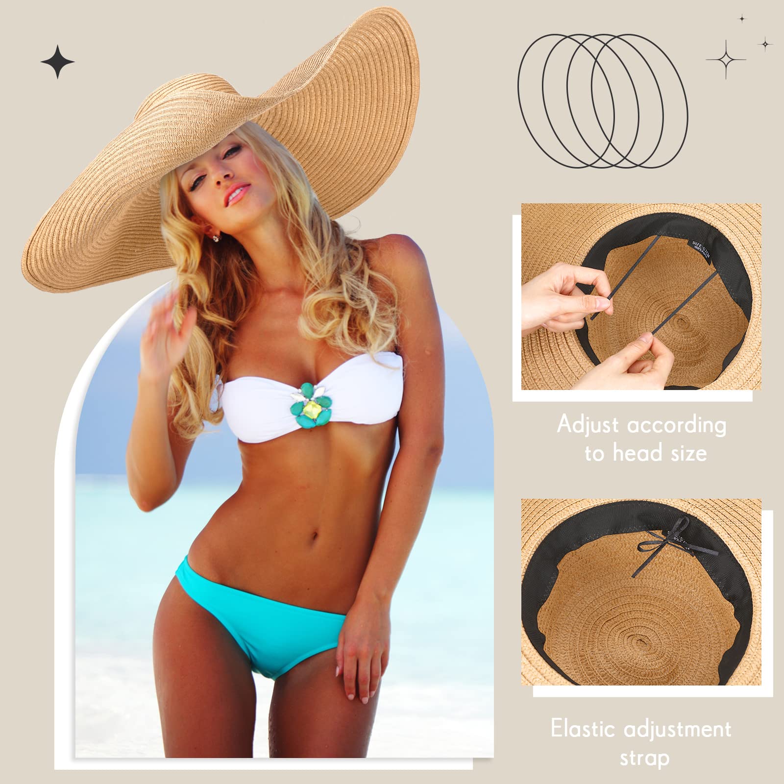 2 Pcs Oversized Beach Hat for Women UV Protection Large Wide Brim Foldable Beach Hat Floppy Beach Cap for Summer Outdoor (Black and Brown)