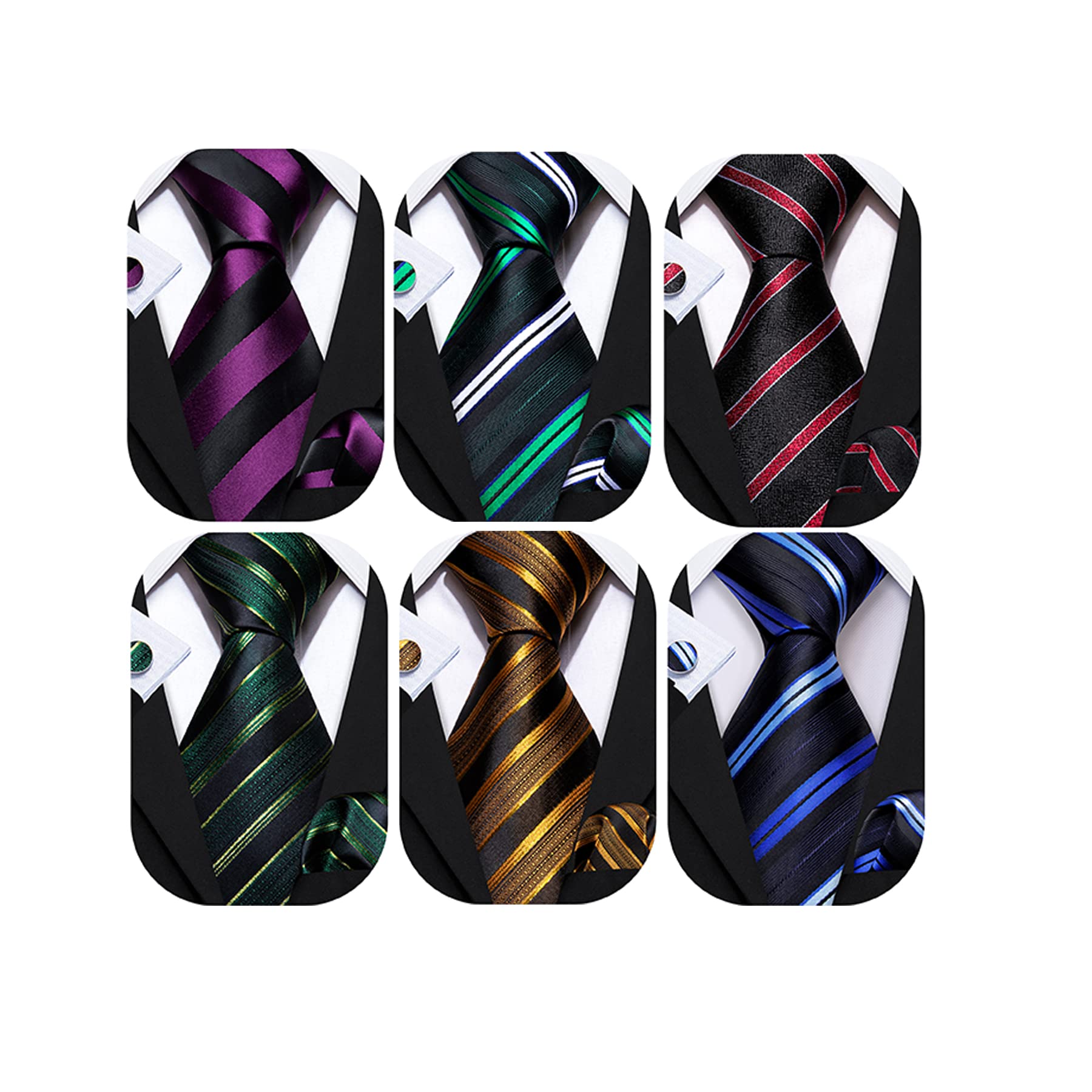 Barry.Wang 6 PCS Men Ties Set Silk Business Fashion Woven Necktie Handkerchief Cufflinks Paisley Stripe Wedding Party