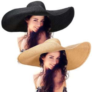 2 pcs oversized beach hat for women uv protection large wide brim foldable beach hat floppy beach cap for summer outdoor (black and brown)