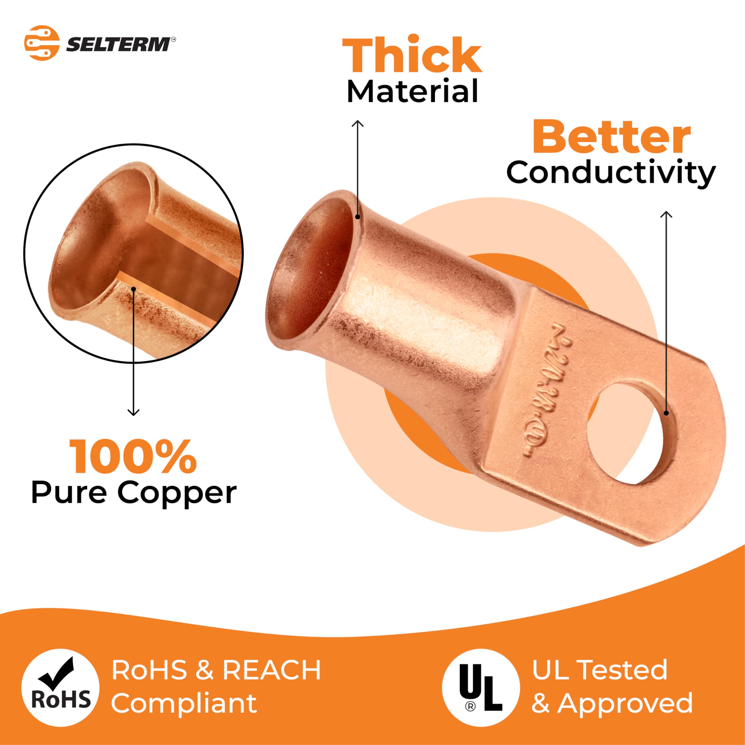 SELTERM 10pcs 2/0 AWG - 3/8" Stud - Battery Lugs, Heavy Duty Wire Lugs, Ring Terminals, Battery Cable Ends,00 Gauge Terminals, UL Bare Copper Eyelets Electrical Battery Terminal Connectors