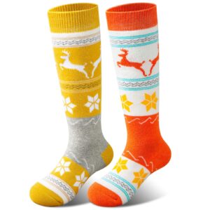 cimkiz kids ski socks (2 pairs/3 pairs) for boys girls thick warm for winter snow skiing snowboard sports (2 packs (yellow + orange), m)