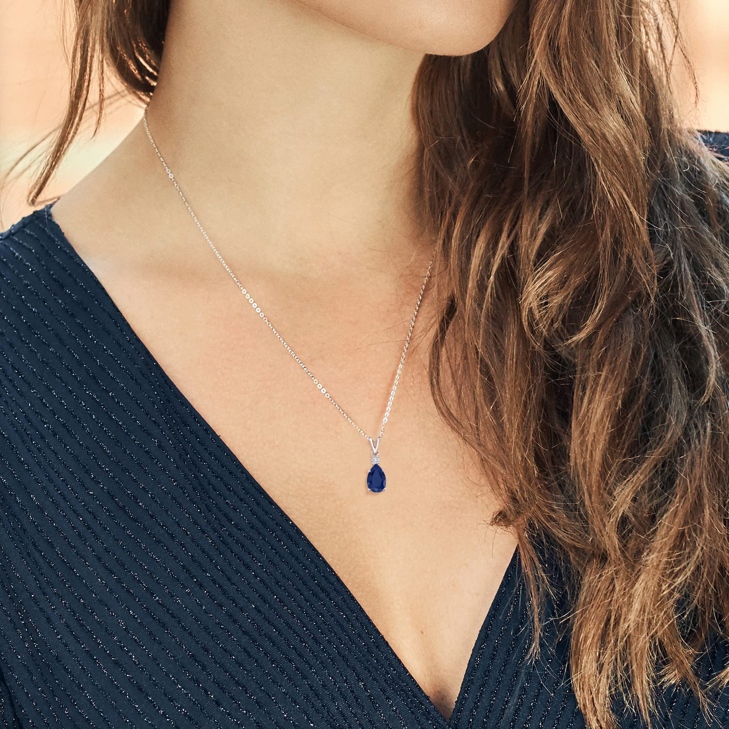 Gem Stone King 925 Sterling Silver Blue Sapphire and White Lab Grown Diamond Pendant Necklace For Women (2.23 Cttw, Pear Shape 10X7MM, with 18 Inch Chain)