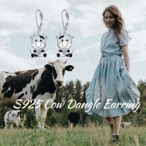 Fryneauy Cow Dangle Earrings for Women 925 Sterling Silver Cow Drop Earring Leverback Cow Jewelry Gifts for Women