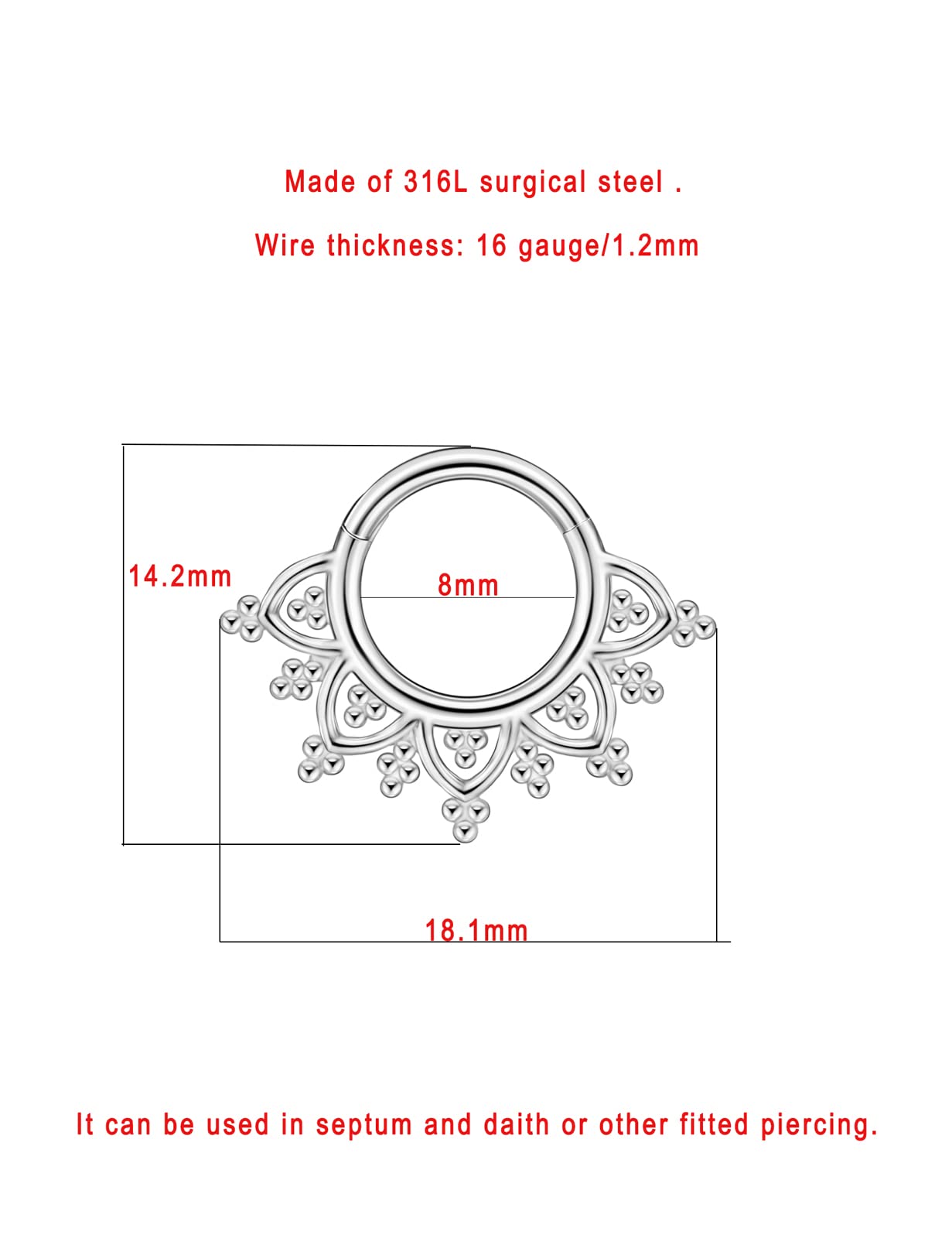 FANSING 16g Surgical Steel Septum Rings 8mm Lotus Septum Jewelry with Beaded balls Helix Piercing Jewelry 16 Gauge