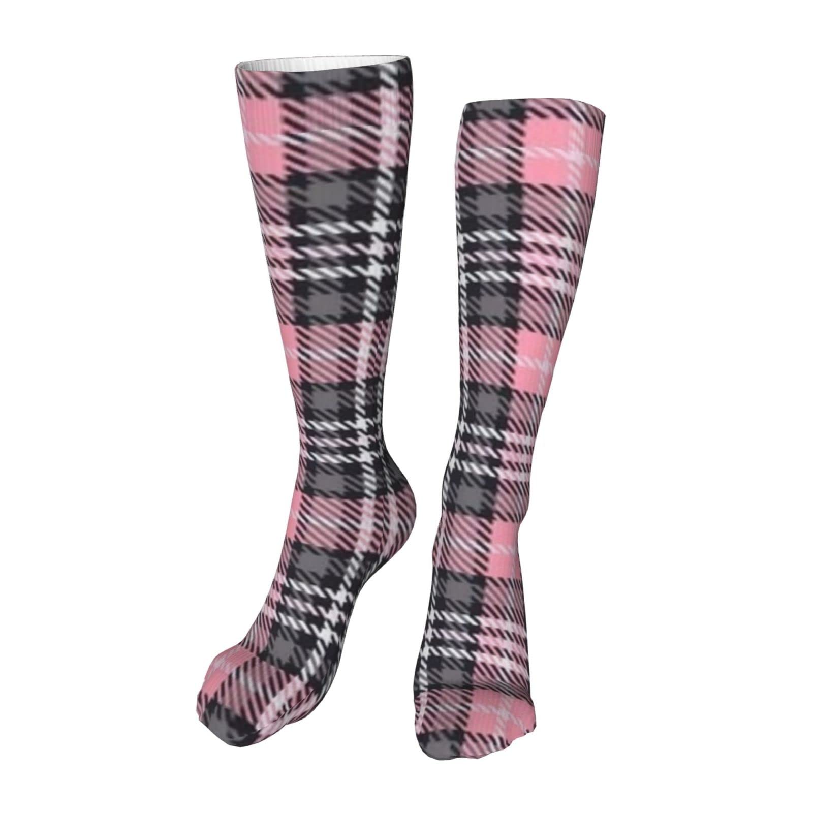 Stocakes Compression Socks for Women & Men Pink Tartan Long Knee Thigh High Socks is Best Support for Athletic Running,Cycling