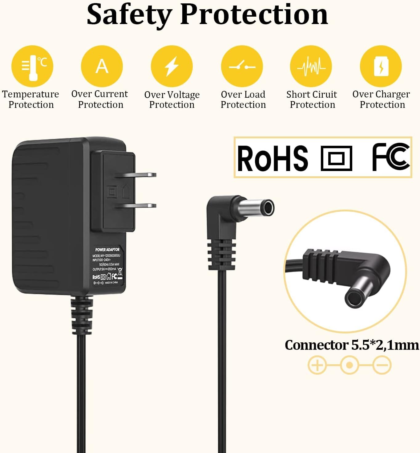 9V 850mA Adapter for Guitar Pedals Power Supply, Power Cord for BOSS Effects Pedal Roland Musical Instruments Distortion Casio Keyboard Charger, PSA-120S Center Negative Charging Cable Cord