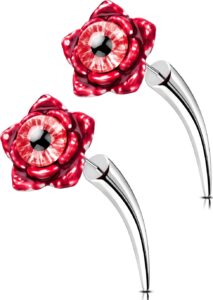 oufer 2pcs fake lobe earrings, 18g devil's eyes lobe piercing jewelry, fake devil's teeth fake gauges faux plug taper 3d devil's flowers body piercing jewelry for women and men