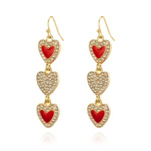 retro red interlocking heart earrings for women, bling cz crystal heart dangle earrings, perfect heart jewelry as valentine's day costume ornament