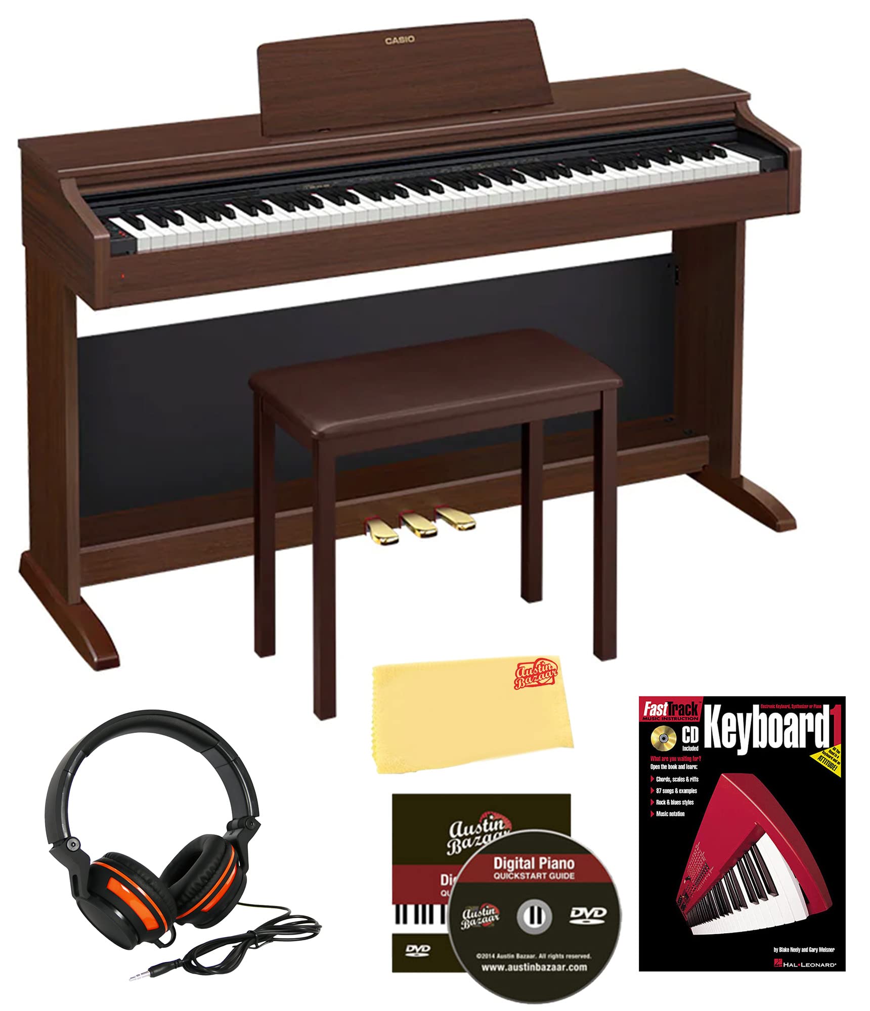 Casio AP-270 Celviano Digital Cabinet Piano - Walnut Bundle with Furniture Bench, Headphones, Online Piano Lessons, Austin Bazaar Instructional DVD, and Polishing Cloth