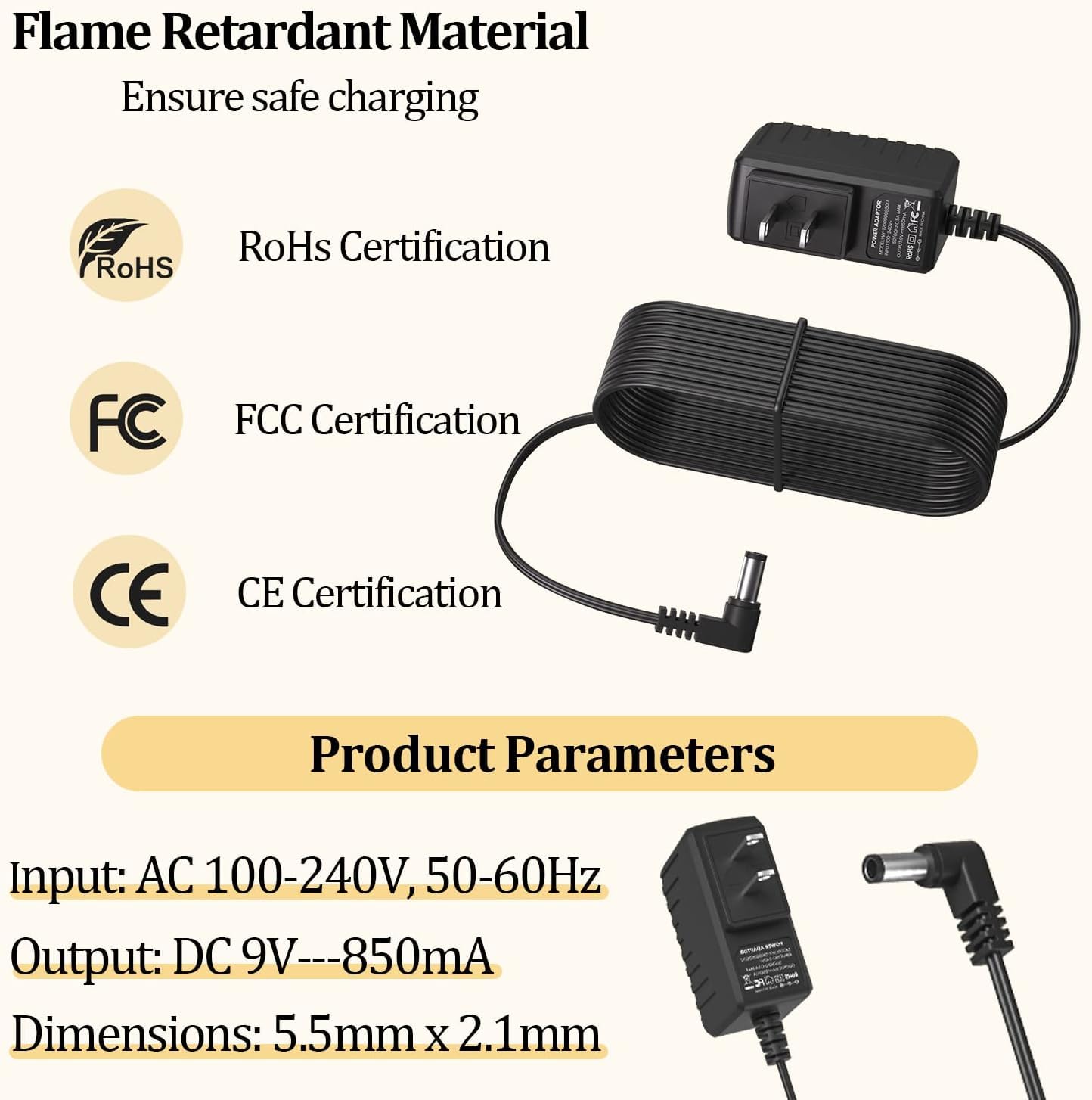 9V 850mA Adapter for Guitar Pedals Power Supply, Power Cord for BOSS Effects Pedal Roland Musical Instruments Distortion Casio Keyboard Charger, PSA-120S Center Negative Charging Cable Cord