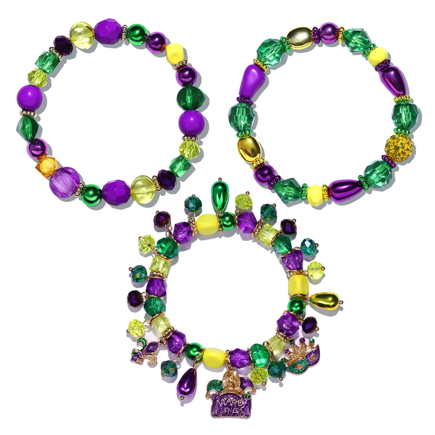 3PCS Mardi Gras Bracelets for Women Glitter Fleur De Lis Mask Jester Hat Charm Bracelets Beaded Stretch Bracelet Set for Carnival Parade Outfits Mardi Gras Accessory (Style A)