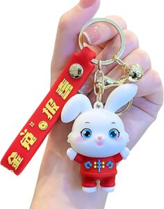 speedyuni cute bunny keychain, car keyring, key lanyard, fortune charm new year decorations, lucky bunny (cheering rabbit)