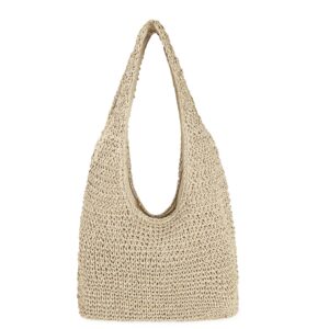 women large straw beach bag handmade woven shoulder bags hobo tote handbag purse for summer (beige)