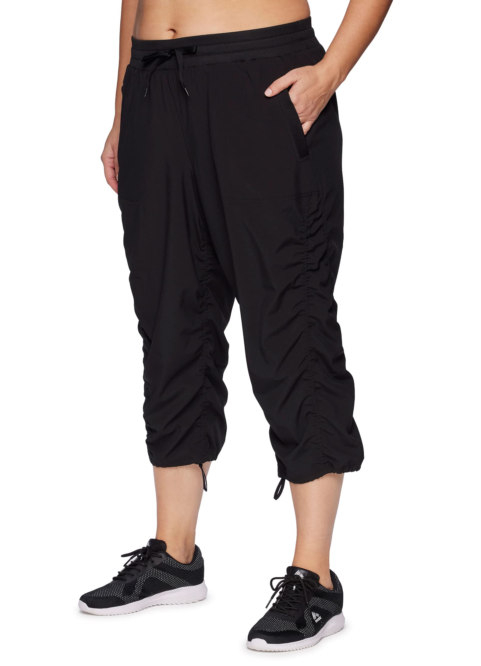 RBX Women's Plus Size Lightweight Woven Drawstring Capri Pant Jet Black 3X