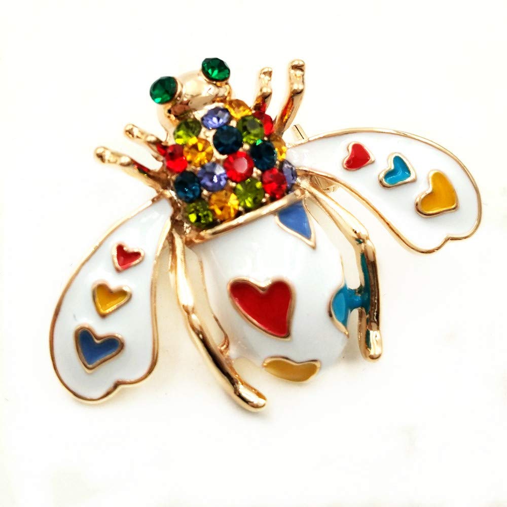 Super Cute Colored Heart Shaped Spotted White Bee Brooch Enamel Pin (White Bee)