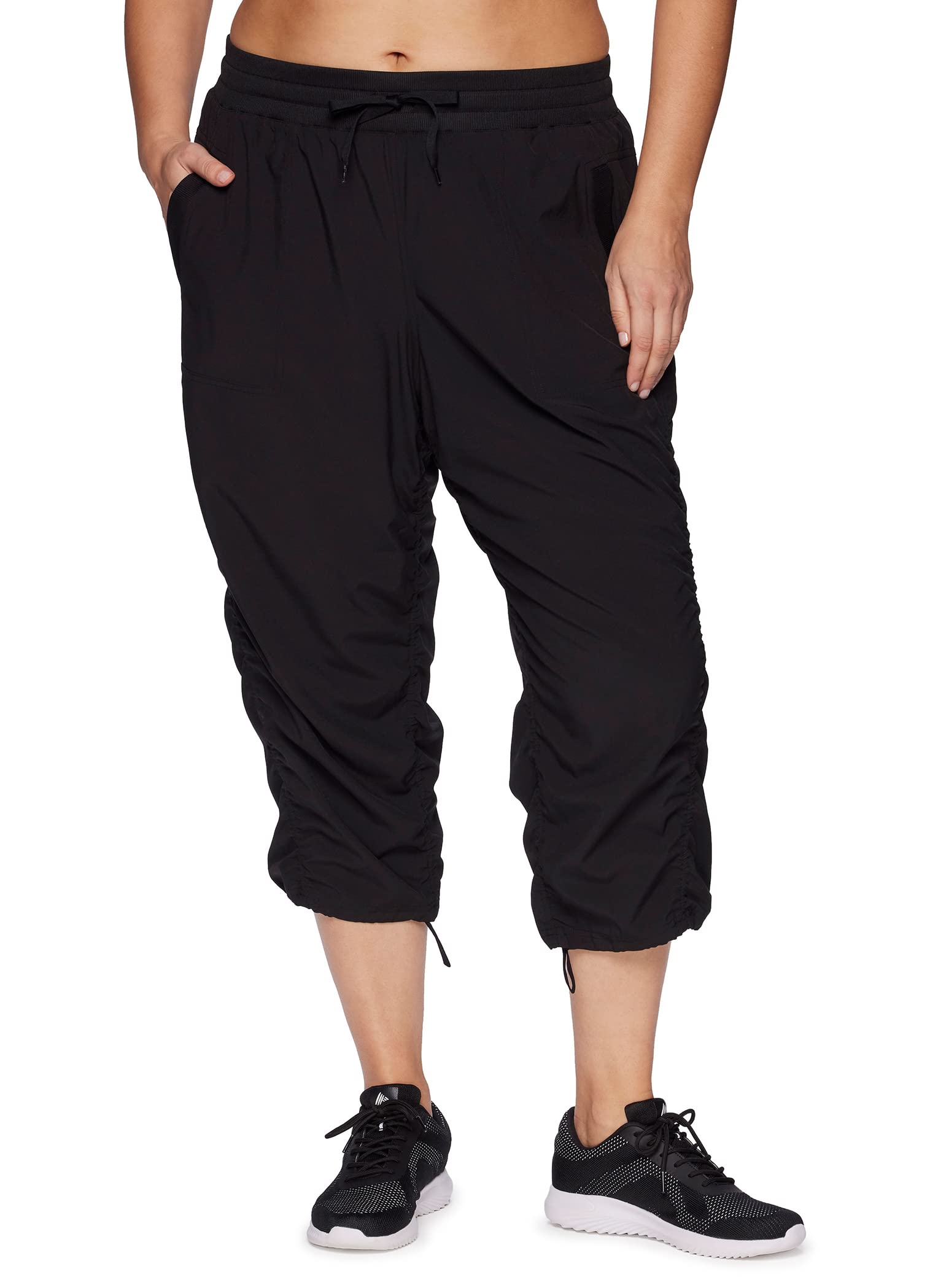 RBX Women's Plus Size Lightweight Woven Drawstring Capri Pant Jet Black 3X