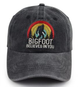 sasquatch gifts for men women, funny forest bigfoot believes in you hat, adjustable washed cotton embroidered wild big foot baseball cap, birthday gift for sasquatch lovers outdoor camping hunting