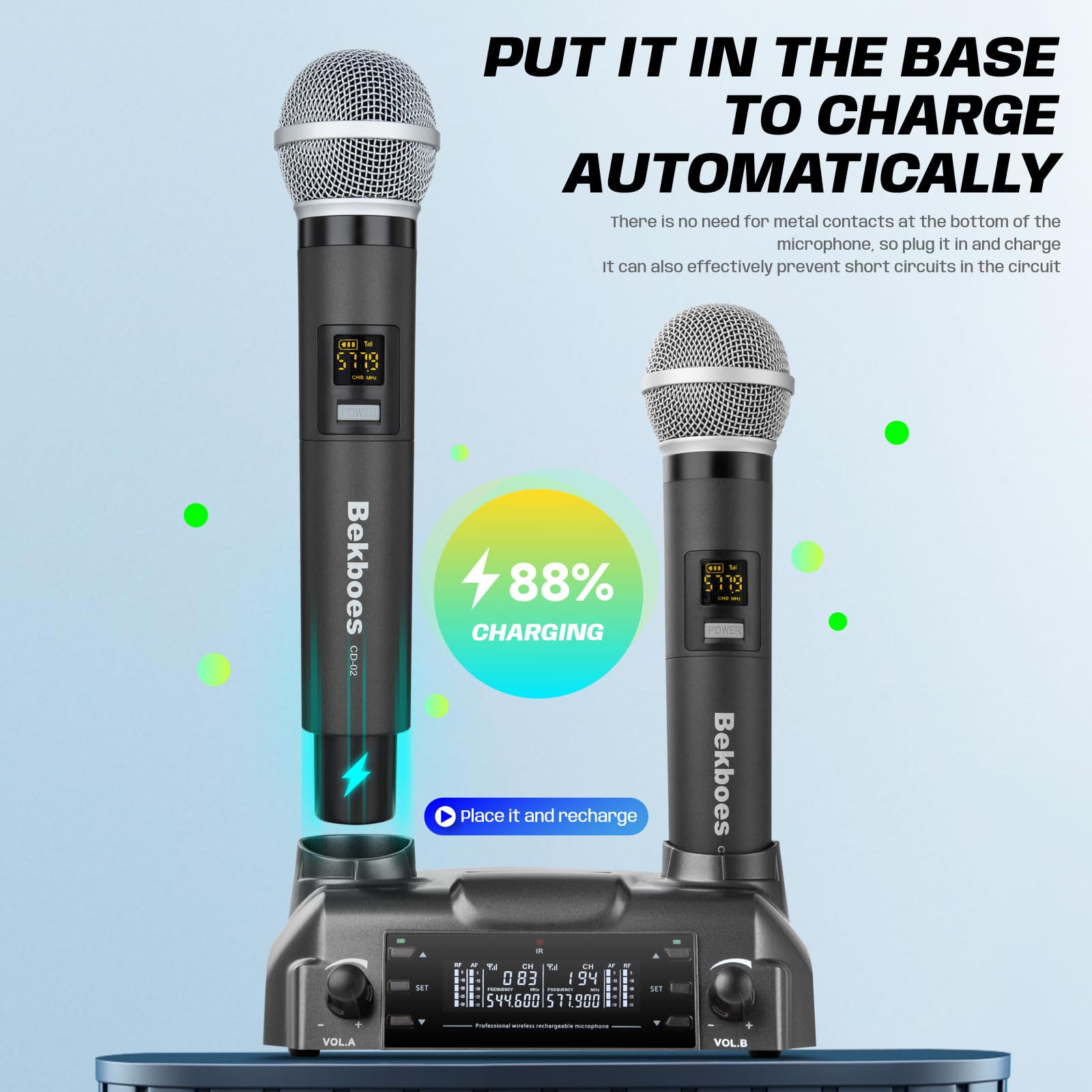 Professional Dual Dynamic Handheld UHF Wireless Microphone System, Magnetic Inductive Wireless Charging, 165ft Range for Home Karaoke/Meeting/Party/Church/Wedding