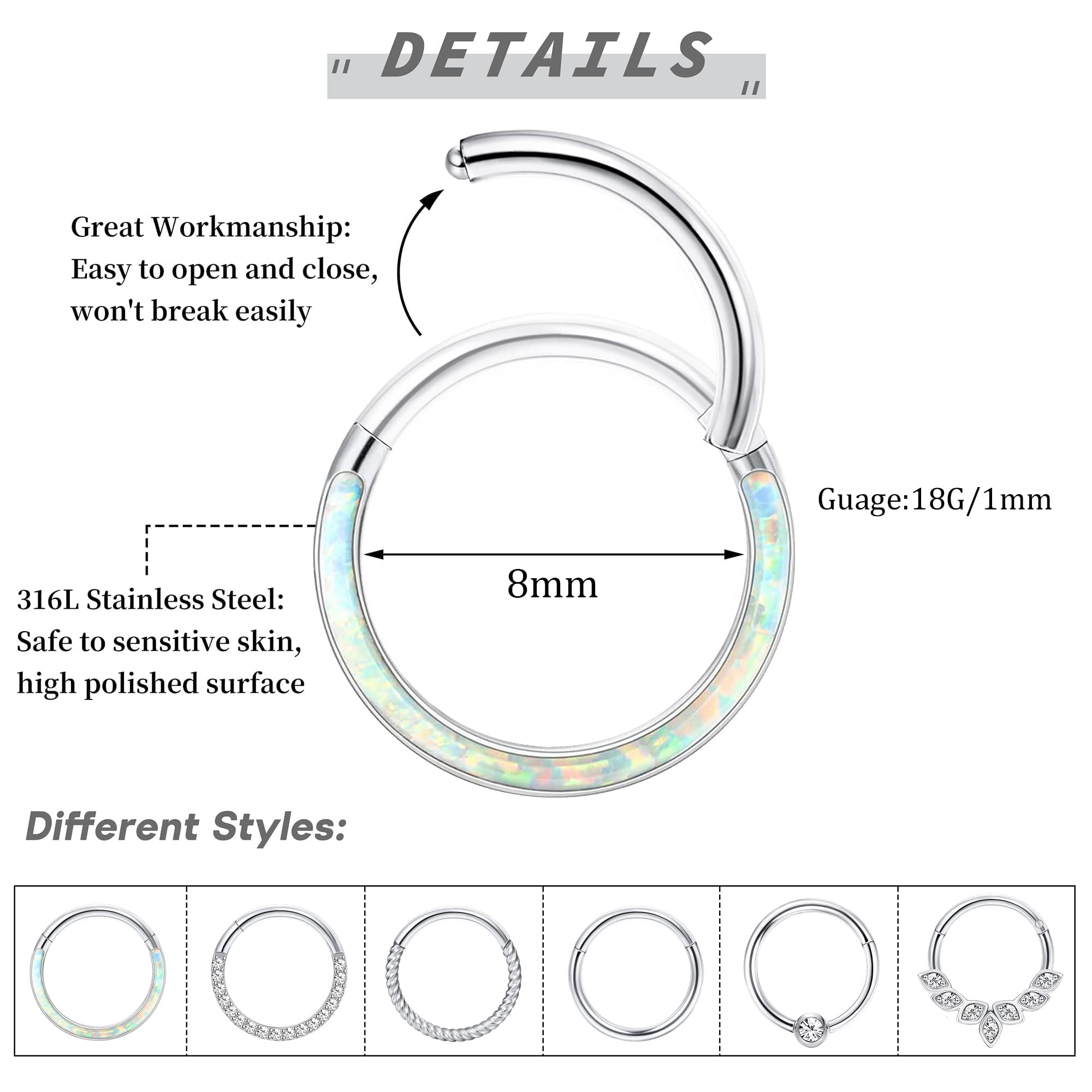 THUNARAZ 316L Surgical Steel Hinged Nose Rings Hoop 16G 18G Septum Rings for Women Men Clicker Cartilage Earrings Daith Helix Hoop Tragus Conch Piercing Jewelry 8mm 10mm