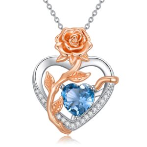 ojk rose heart aquamarine necklace for women sterling silver march birthstone necklace for her wife girls jewelry birthday anniversary christmas gifts